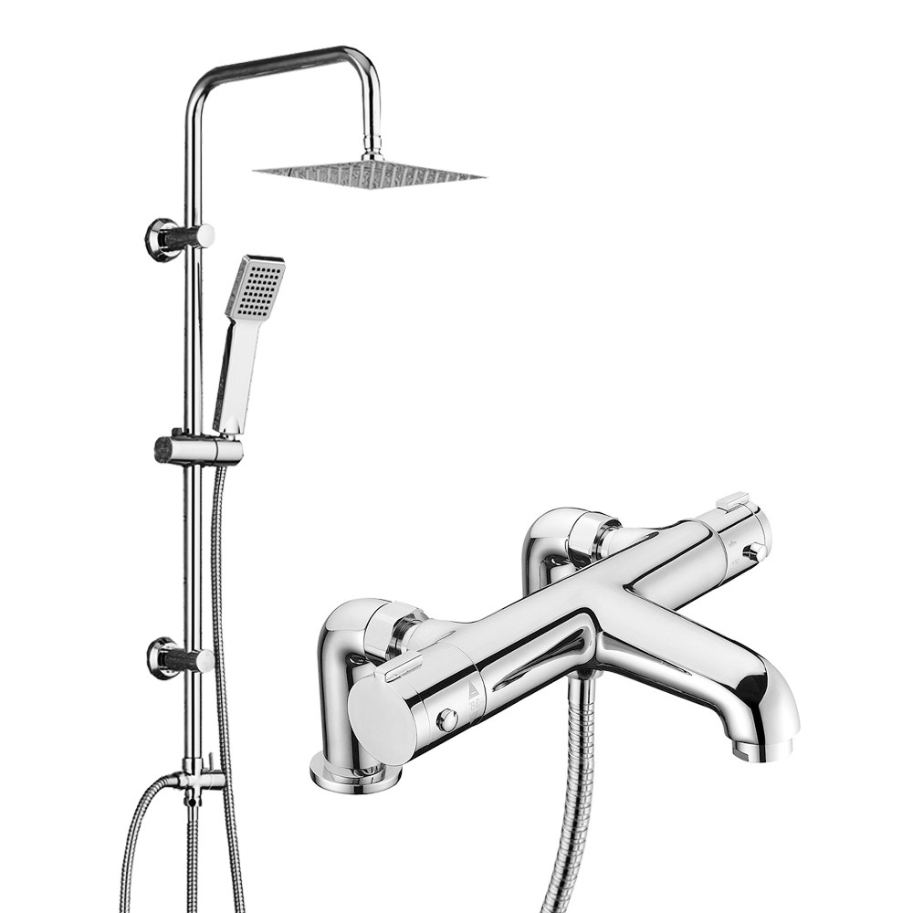 Oslo Chrome Deck Mounted Thermostatic Bath Shower Mixer Tap & 3 Way Square Rigid Riser Shower ...