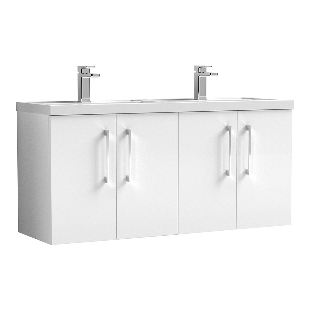 Nuie Arno 1200mm Wall Hung 4-Door Vanity Unit & Polymarble Double Basin ...