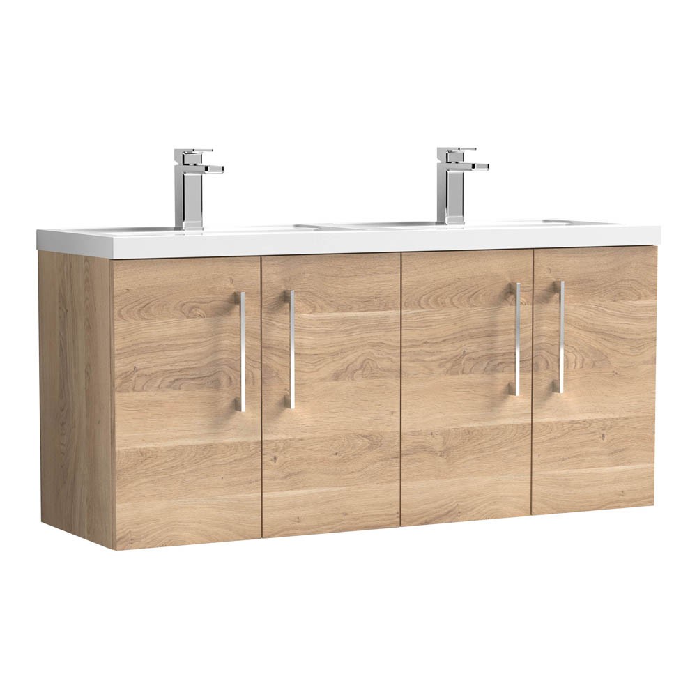 Nuie Arno 1200mm Wall Hung 4-Door Vanity Unit & Double Polymarble Basin ...