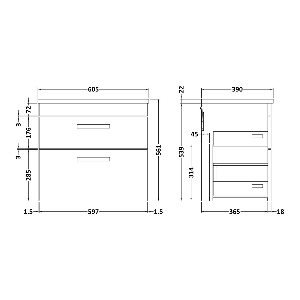 Nuie Athena 600mm Wall Hung 2-Drawer Vanity Unit with Sparkling Black ...