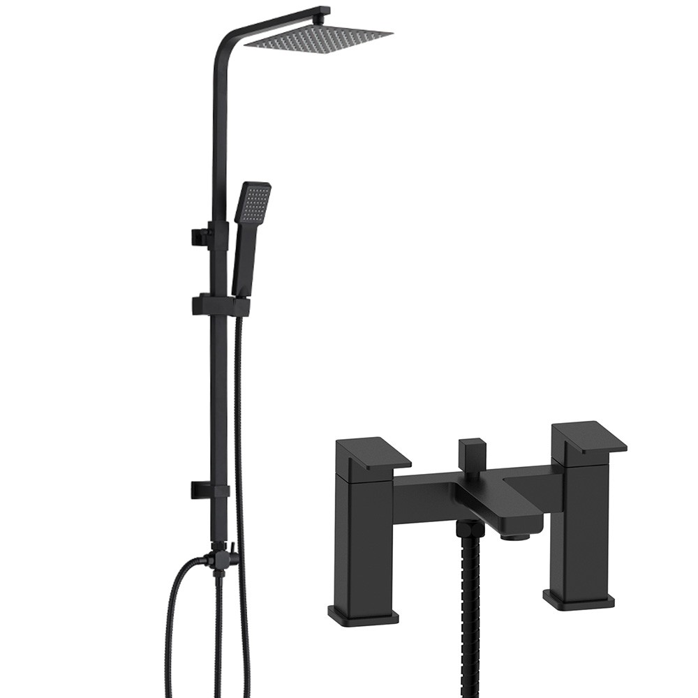 Axos Matt Black Deck Mounted Bath Shower Mixer Tap & Square 3 Way ...