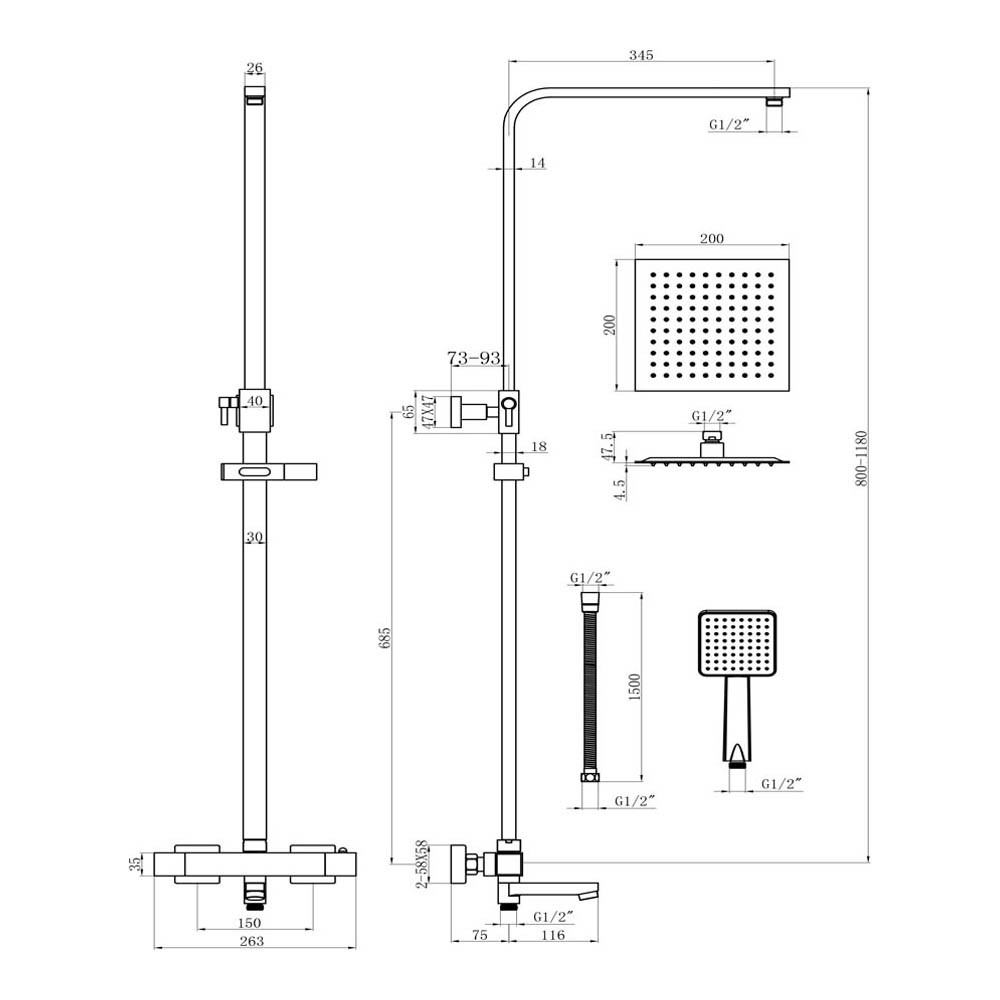 Boston Thermostatic Bar Mixer Valve Telescopic Rigid Riser Shower Mixer ...