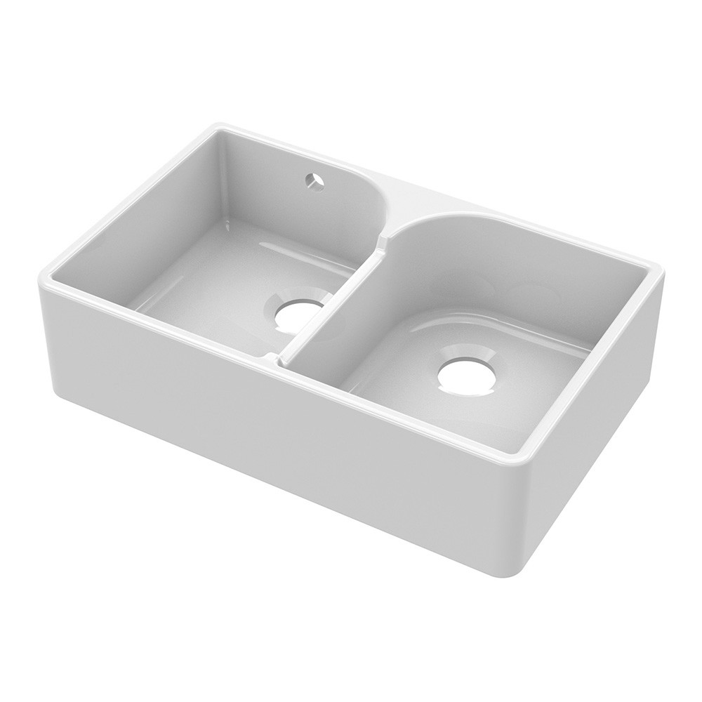 Nuie Fireclay Kitchen Butler Double Bowl Sink with Stepped Weir ...