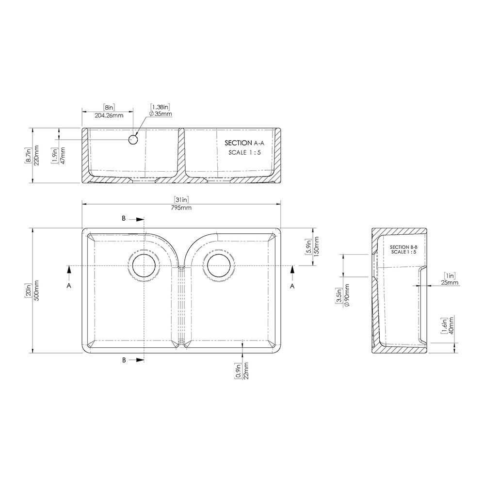 Nuie Fireclay Kitchen Butler Double Bowl Sink with Stepped Weir ...