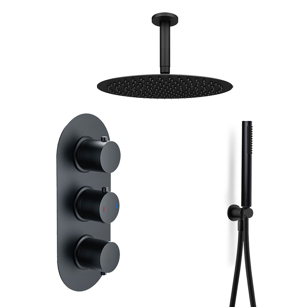 Triple Control Matt Black Round Concealed Thermostatic Shower Mixer ...