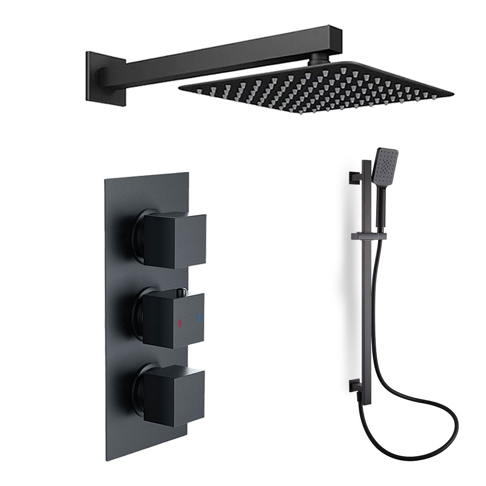Triple Control Matt Black Square Concealed Thermostatic Shower Mixer ...