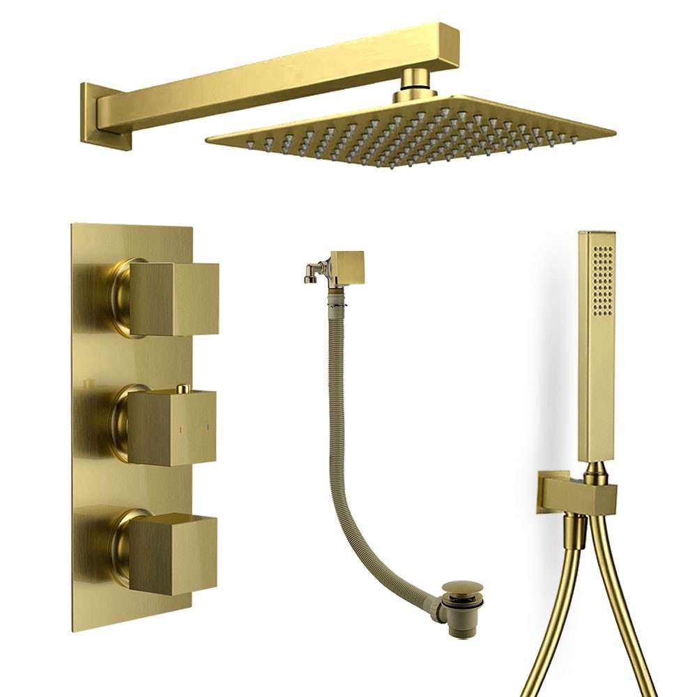 Triple Control Brushed Brass Square Concealed Thermostatic Shower Mixer ...