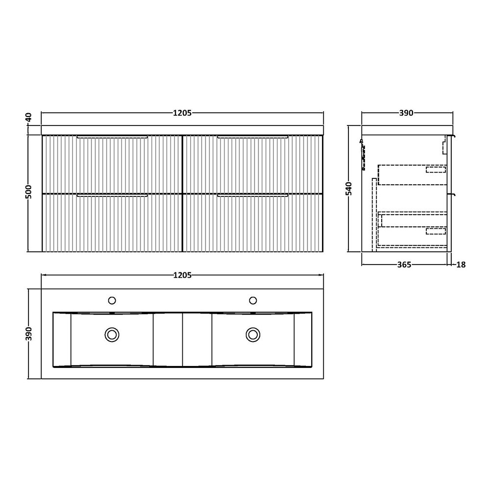 Hudson Reed Fluted 1200mm Wall Hung 4-Drawer Vanity Unit & Twin Ceramic ...
