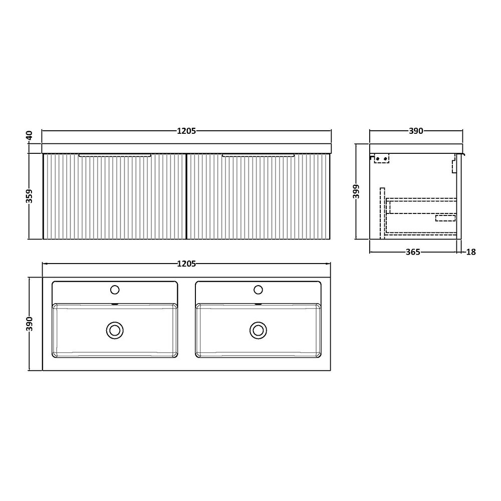 Hudson Reed Fluted 1200mm Wall Hung 2-Drawer Vanity Unit & Double ...