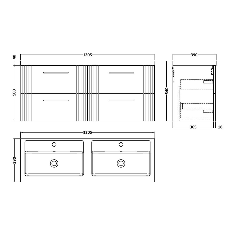 Nuie Deco 1200mm Wall Hung 4-Drawer Vanity Unit & Polymarble Double ...