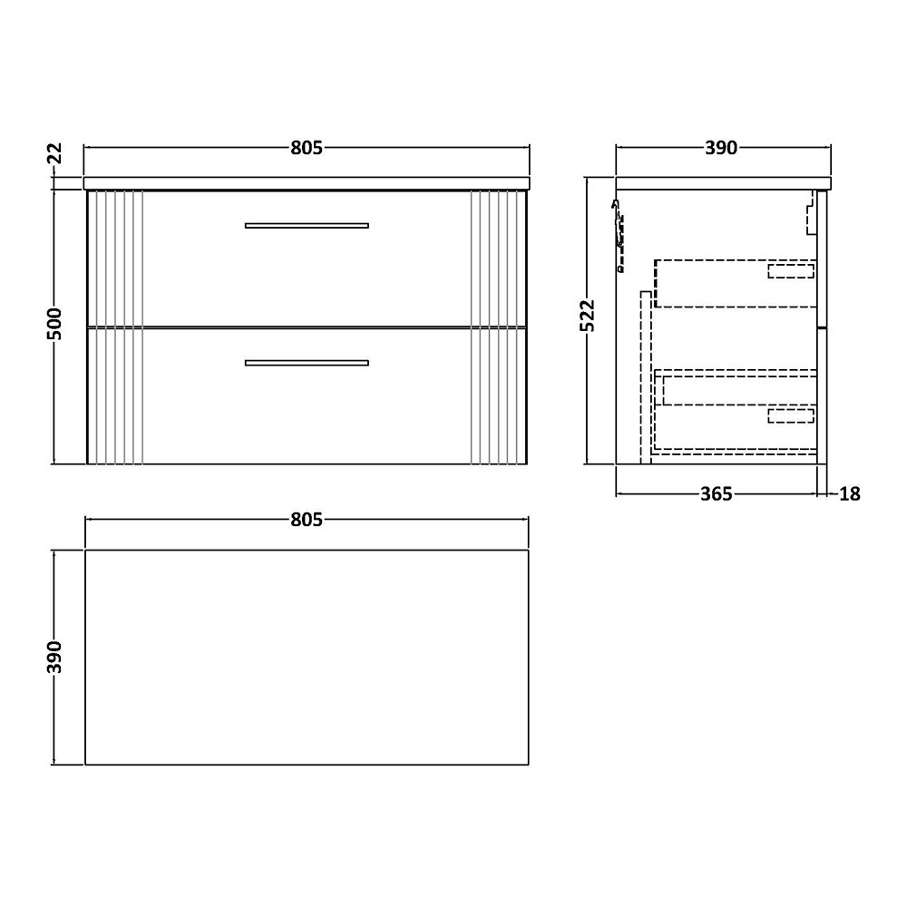 Nuie Deco 800mm Wall Hung 2-Drawer Vanity Unit & Sparkling Black ...