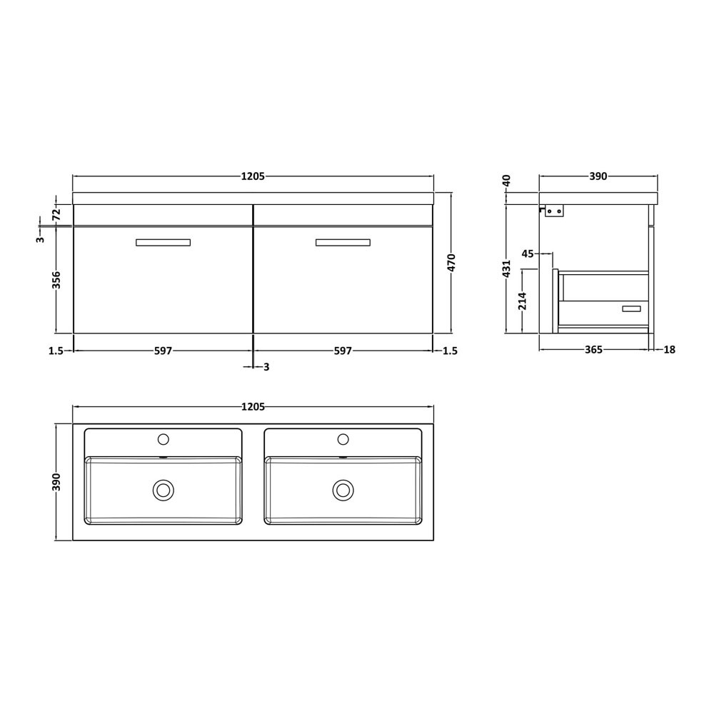 Nuie Athena 1200mm Wall-hung 2-Drawer Vanity Unit with Polymarble ...