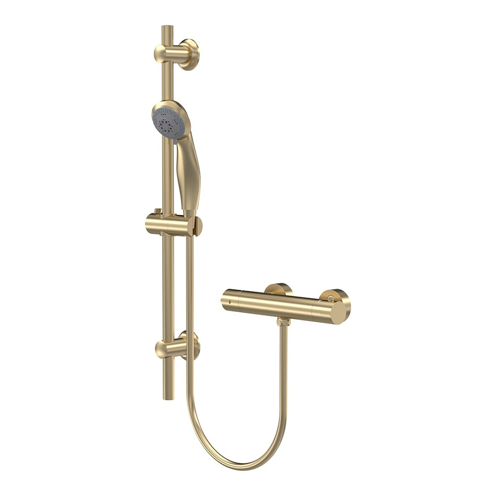Nuie Brushed Brass Exposed Thermostatic Round Shower Bar Valve & Slider ...