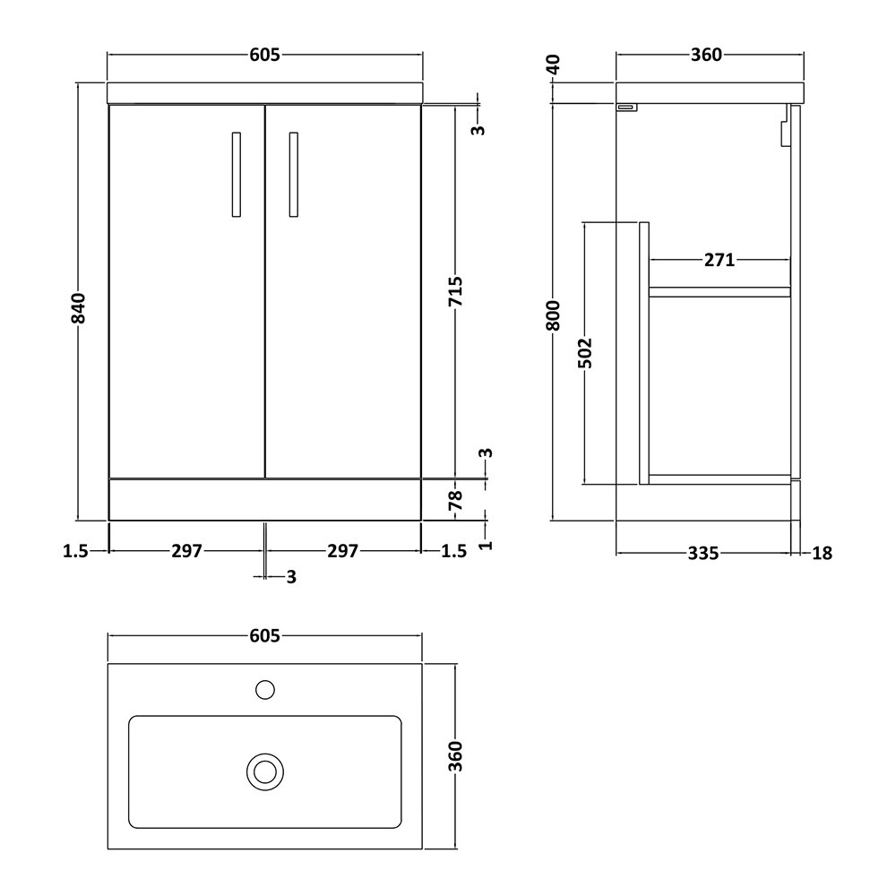 Nuie Arno Compact 600mm Floor Standing 2-Door Vanity Unit & Polymarble ...