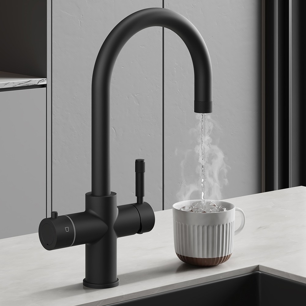 Mayfair Matt Black 4-in-1 Instant Hot Water Kitchen Knurl Design Tap ...