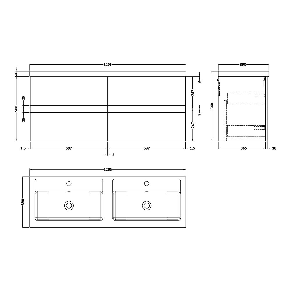 Hudson Reed Urban 1200mm Wall Hung 4-Drawer Vanity Unit & Double ...