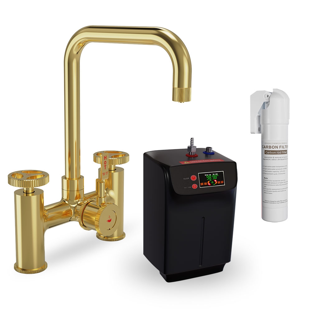 Easton Brushed Brass Industrial Bridge 3-in-1 Instant Hot Boiling Water ...