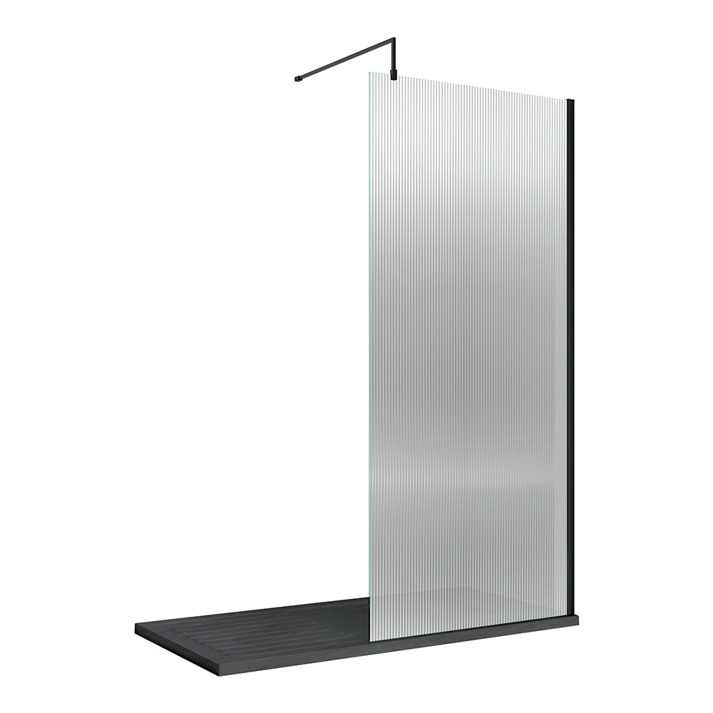 Hudson Reed Fluted Wetroom Shower Screen with Matt Black Profile & Support Bar 900mm W x 1950mm ...